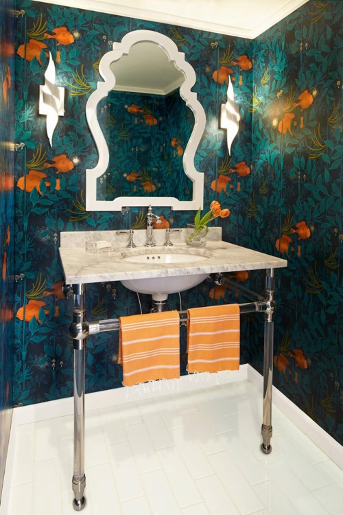 Dramatic Powder Room With Single Vanity And Nautical - Dramatic ...