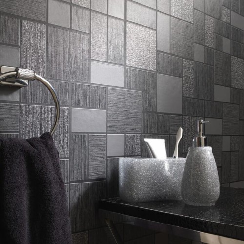 Holden Wallpapers Black Glitter Tile Wallpaper - Bathroom Wallpaper ...