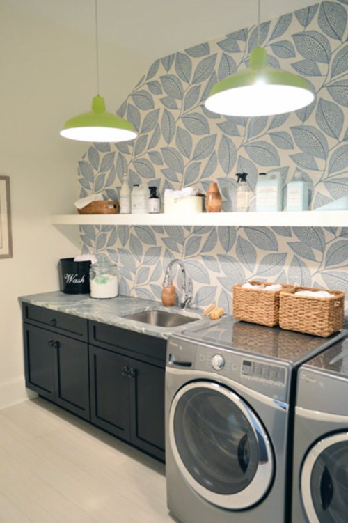Laundry Room With Blue And White Wallpaper - Miss Print Pebble Leaf ...